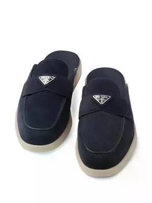 Prada Suede Slip-on Mules With Metal Logo Detail - Blue