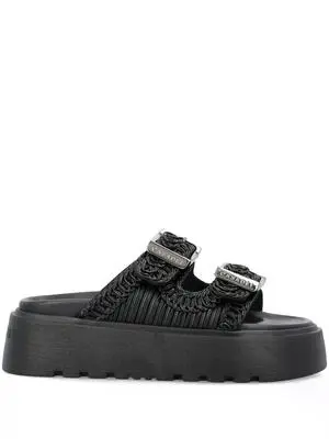 Casadei Leather Flatform Slides With Embroidered Motif - Black