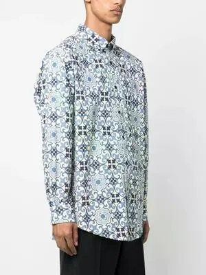 Drole De Monsieur Faïence Geometric-print Cotton Shirt - Blue