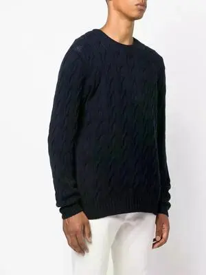 Ralph Lauren Purple Label Navy Cashmere Cable Knit Crew Neck Sweater - Blue