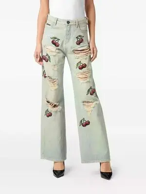 Philipp Plein Distressed Cherry Appliqué Jeans
