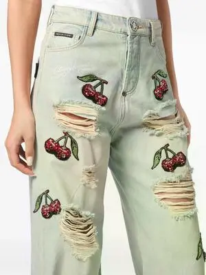 Philipp Plein Distressed Cherry Appliqué Jeans