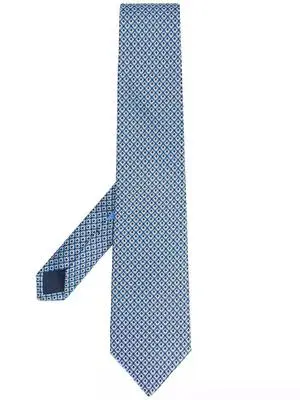 FERRAGAMO Gancini Print Silk Neck Tie - Blue