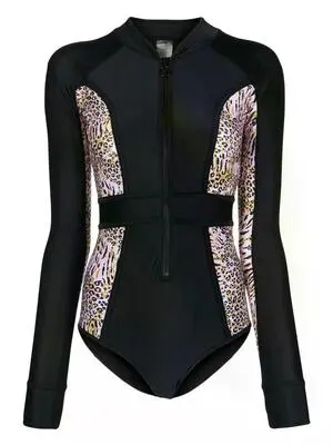 DUSKII Leopard-print Long-sleeve Surf Suit - Black