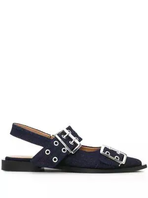 GANNI Buckle-detail Denim Ballerina Shoes - Blue