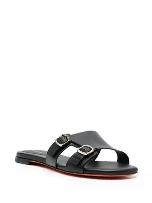 Santoni Double Strap Flat Leather Sandals - Black
