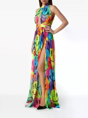 Philipp Plein Smile Print Chiffon Maxi Dress