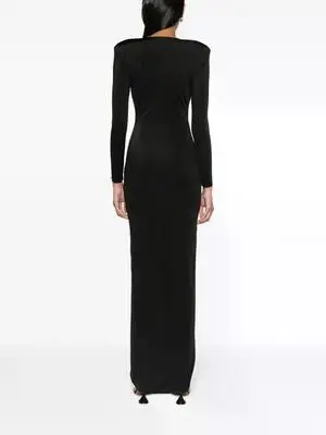 NISSA Floral Appliqué Ruched Maxi Dress - Black