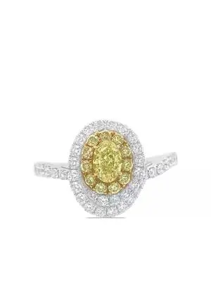 HYT JEWELRY Oval Yellow And White Diamond Double Halo Ring - Silver