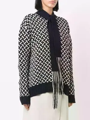 JIL SANDER Patterned Jacquard Wool Jumper With Scarf Detail - Blue