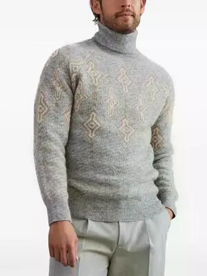 Brunello Cucinelli Patterned Intarsia Roll-neck Jumper - Grey