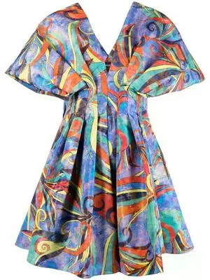 Rochas Pleated Graphic-print Mini Dress