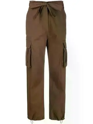 Pinko Belted Straight-leg Cotton Trousers With Contrast Stitching - Brown
