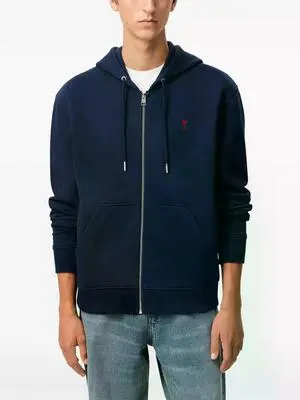 AMI Paris Zipped Hooded Jacket With De Coeur Embroidery - Blue