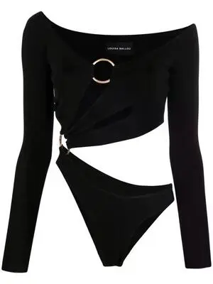 LOUISA BALLOU Asymmetric Cut-out Jersey Top - Black