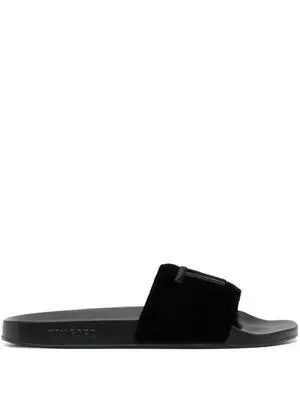 TOM FORD Logo Embroidered Velvet Slides - Black