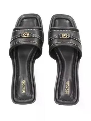 Michael Kors Leather Sandals With Gold-tone Logo Plaque - Black