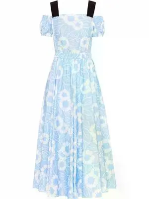 Prada Floral Print Off-shoulder Cotton Dress