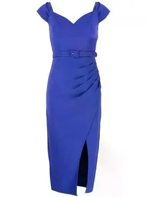 SELF-PORTRAIT Sweetheart Neck Midi Dress With Belted Waist And Front Slit - Blue