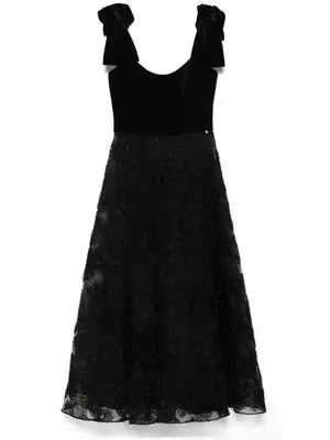 NISSA Floral Appliqué Midi Dress - Black