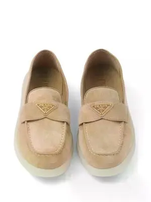 Prada Logo Plaque Suede Loafers - Neutrals