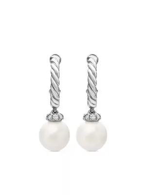 David Yurman Sterling Pearl-drop Hoop Earrings With Diamonds - Silver