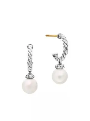David Yurman Sterling Pearl And Diamond Drop Hoop Earrings