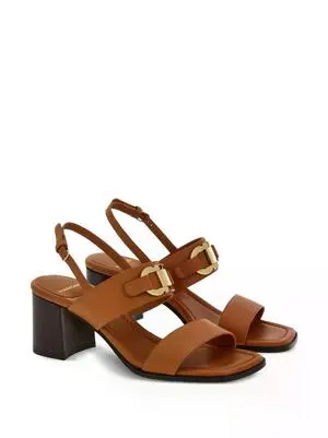 FERRAGAMO Gancini Buckle Leather Block Heel Sandals - Brown