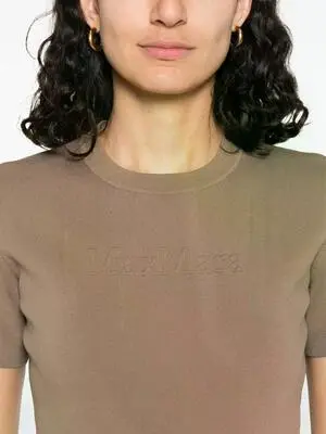 Max Mara Ribbed Knit T-shirt With Embossed Logo - Neutrals