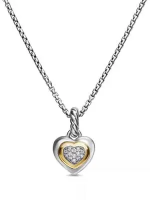 David Yurman 14kt Yellow Gold And Sterling Petite Cable Heart Diamond Necklace - Silver