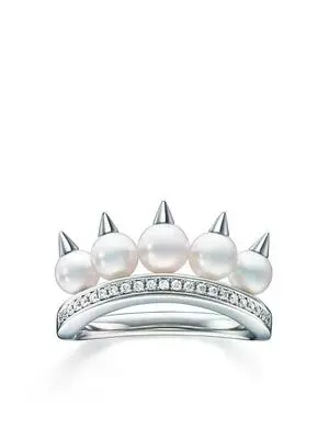 TASAKI 18kt White Gold Collection Line Danger Plus Diamond Pavé Ring With Akoya Pearls - Silver