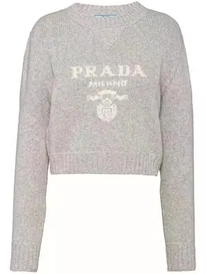 Prada Wool And Cashmere Crew-neck Sweater With Intarsia Logo - Grey