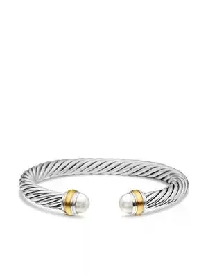 David Yurman 14kt Yellow Gold & Sterling Classic Cable Bracelet With Pearl Accents - Silver