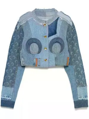 MARINE SERRE Cropped Denim Patchwork Jacket - Blue