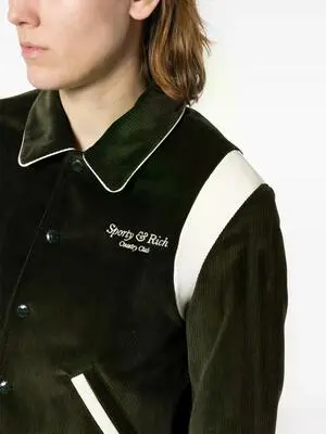 SPORTY & RICH Logo Embroidered Cotton Corduroy Bomber Jacket - Green