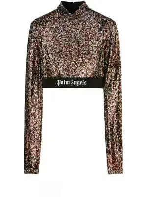 Palm Angels Sequined High Neck Cropped Top - Brown