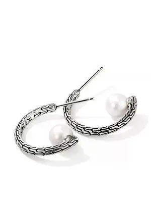 John Hardy Sterling Engraved Pearl Hoop Earrings