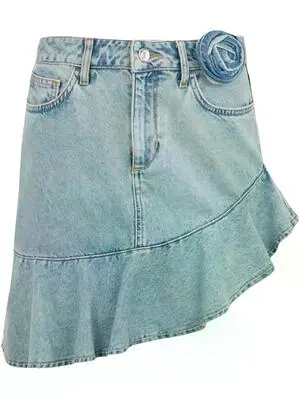 Liu Jo Rose Appliqué Asymmetric Ruffle Hem Denim Skirt