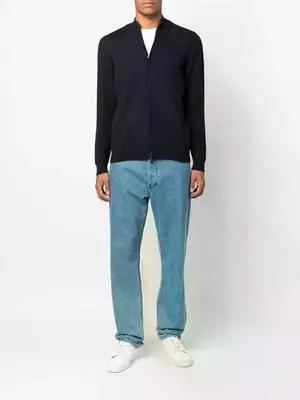 BOSS Fine-knit Zip-up Cardigan With Embroidered Logo - Blue