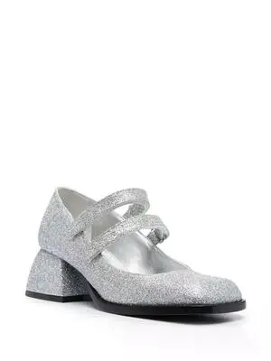 NODALETO Tone Glitter Detail Leather Mary Jane Pumps - Silver