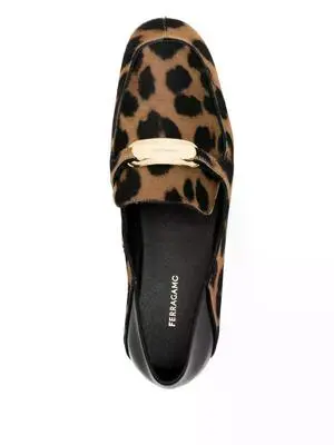 FERRAGAMO Leopard Print Calf Hair Loafers - Brown