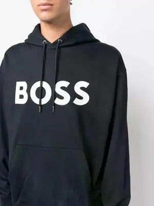 BOSS Logo Print Cotton Hoodie - Blue