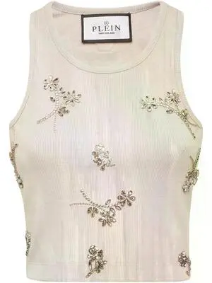 Philipp Plein Sleeveless Cropped Floral Appliqué Tank Top - Neutrals