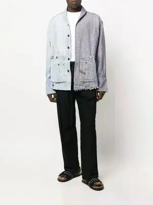 GREG LAUREN Striped Patchwork Cotton Shirt - Blue