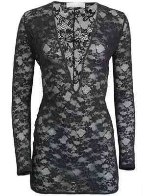 FLEUR DU MAL Stretch Lace Plunge Mini Dress - Black