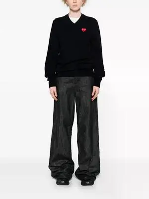 Play Comme Des Garcon V-neck Wool Jumper With Heart Patch - Blue