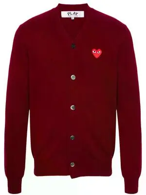 Play Comme Des Garcon V-neck Wool Cardigan With Heart Patch - Red