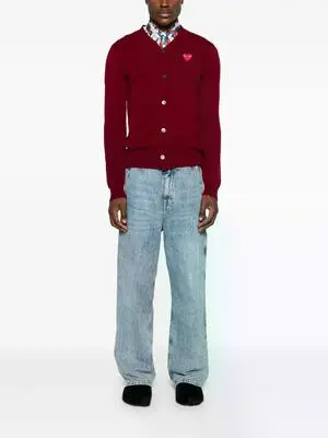 Play Comme Des Garcon V-neck Wool Cardigan With Heart Patch - Red