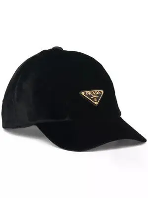 Prada Velvet Baseball Cap With Enamel Triangle Logo - Black