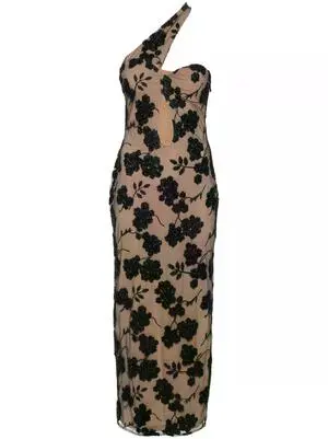 ROTATE BY BIRGER CHRISTENSEN Asymmetric Neck Floral Beaded Midi Dress - Neutrals